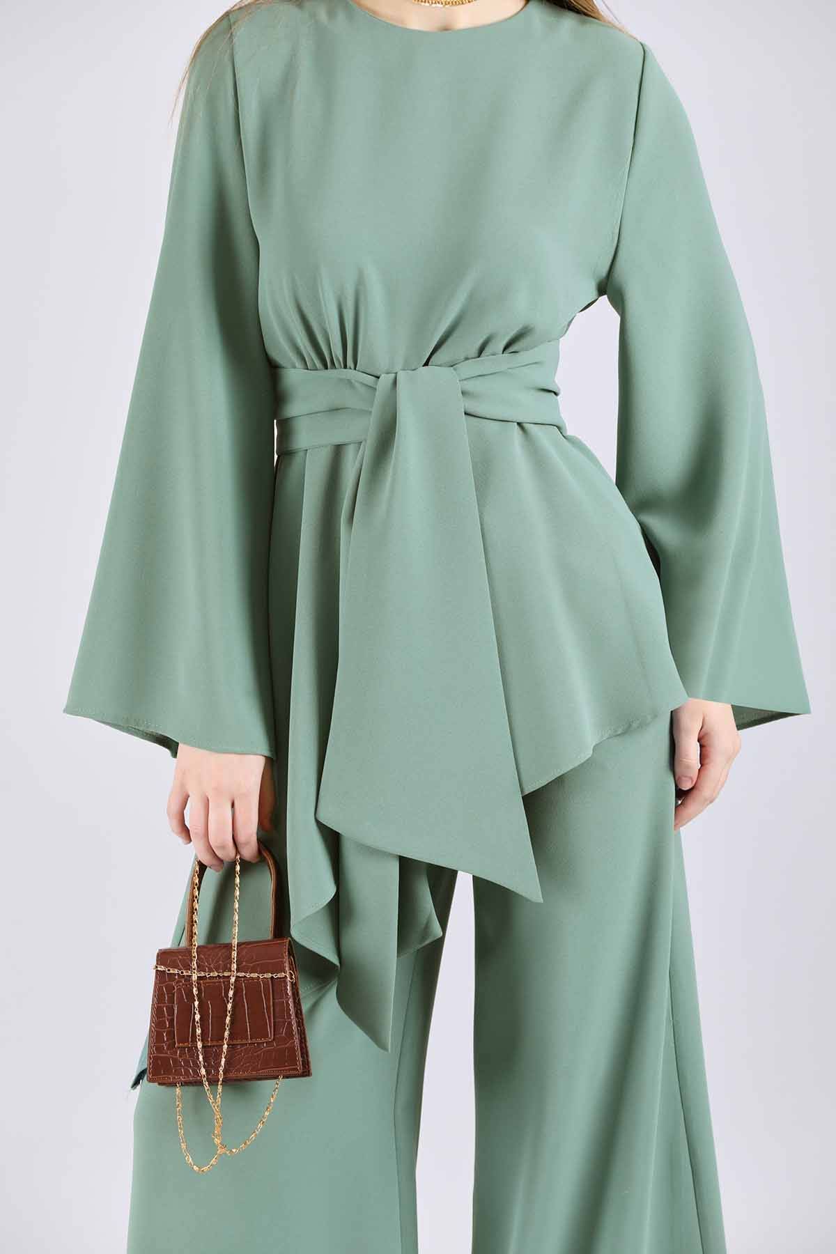 Buy Asymmetric Belted Tunic Suit Mint - Zülays