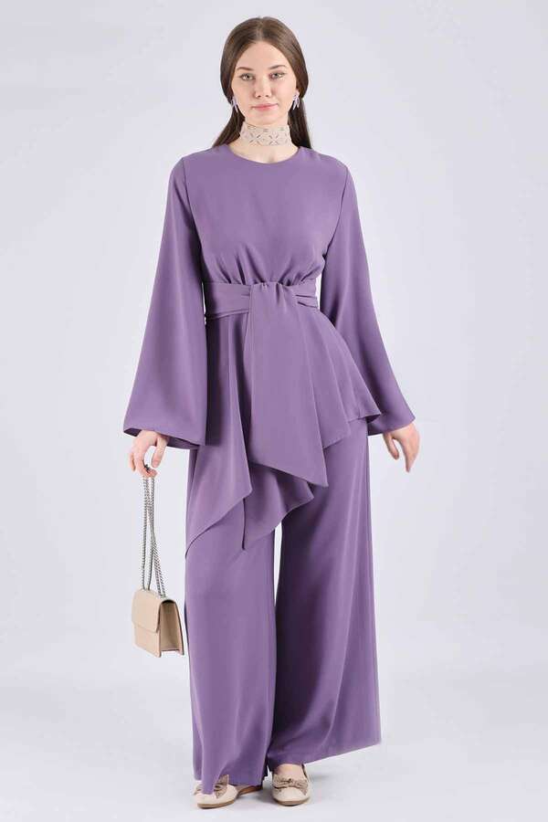 Buy Asymmetric Belted Tunic Suit Purple - Zülays