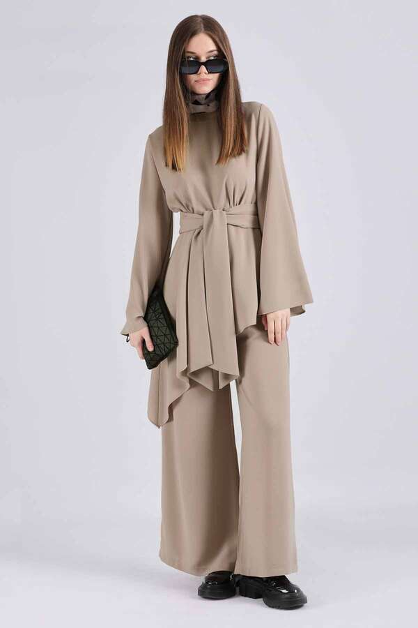 Buy Asymmetric Belted Tunic Suit Stone - Zülays