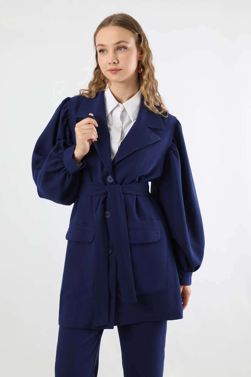 Buy Balloon Sleeve Jacket Pants Suit Navy Blue- Zülays