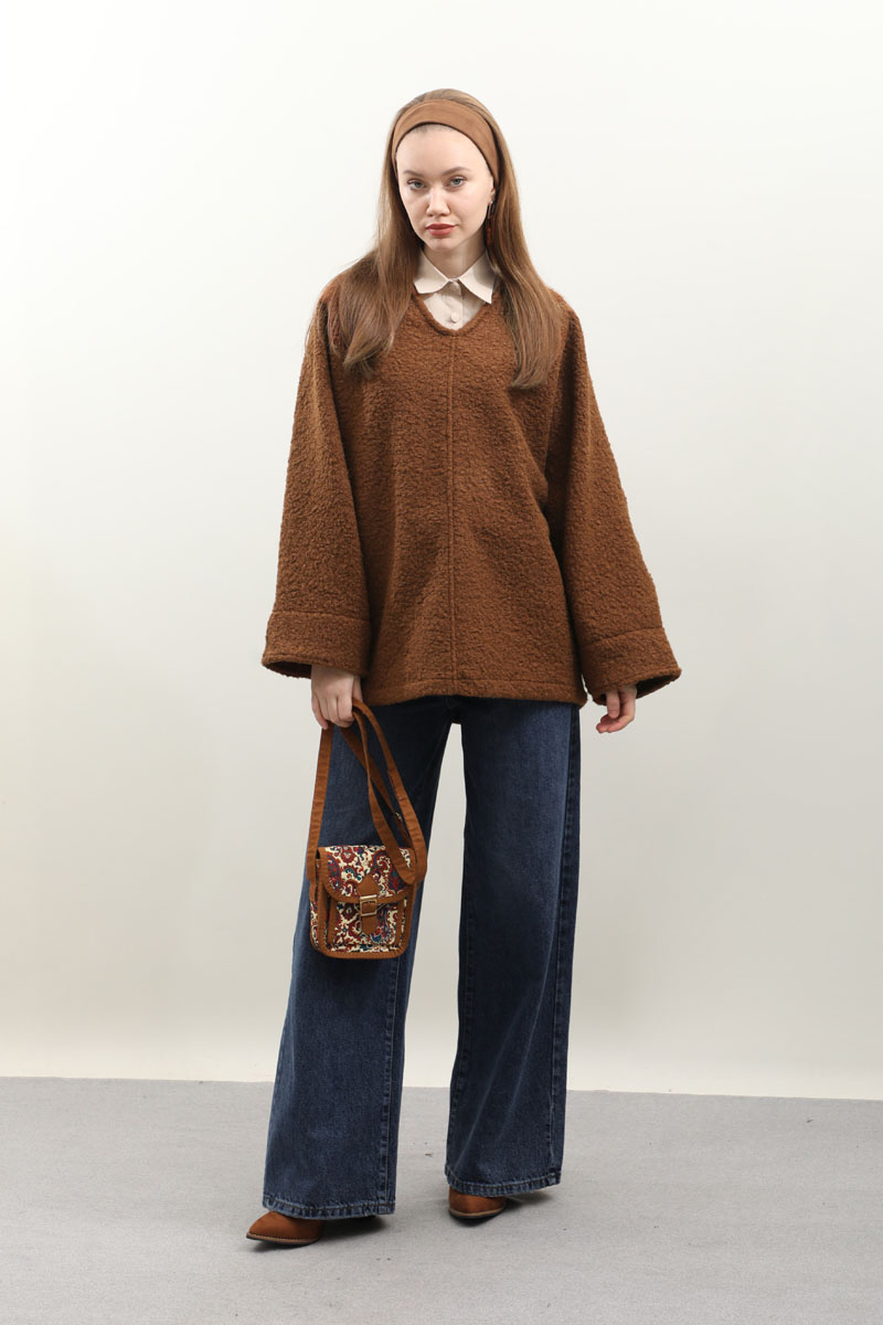 Buklet V Yaka Sweat Taba | Zülays