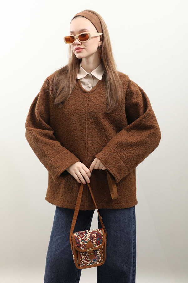 Buklet V Yaka Sweat Taba | Zülays