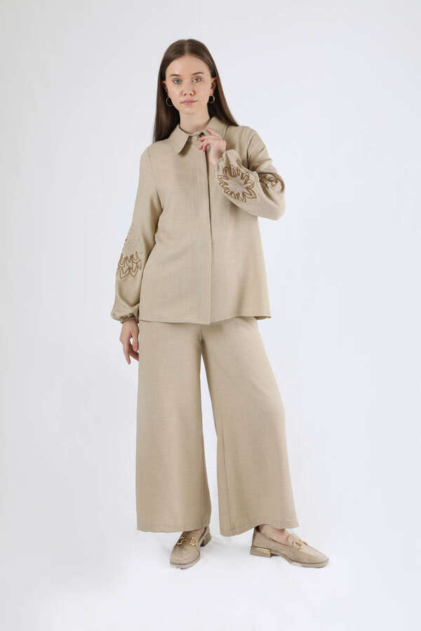 Buy Embroidery Detailed Linen Suit Stone - Zülays