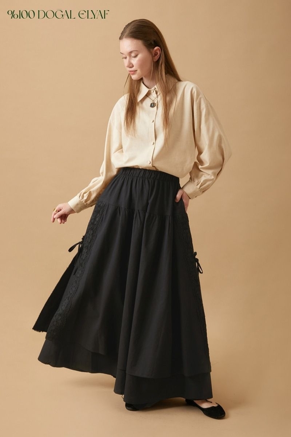 Lace Detailed Linen Skirt Black | Zülays