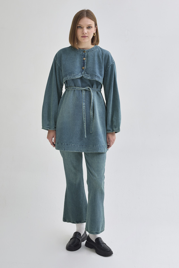 Yarım Düğmeli Denim Tunik Yeşil Tintli | Zülays