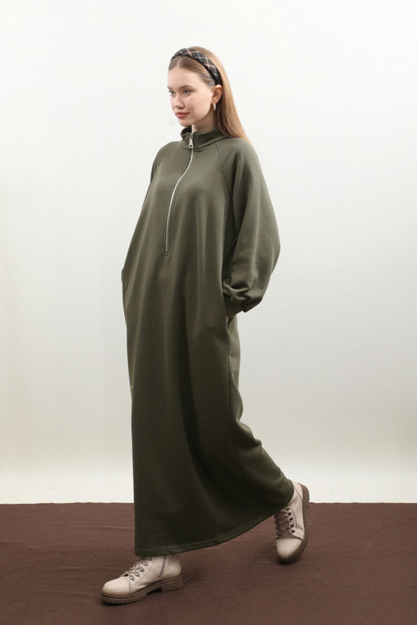 Yarım Fermuarlı Sweat Elbise Haki | Zülays